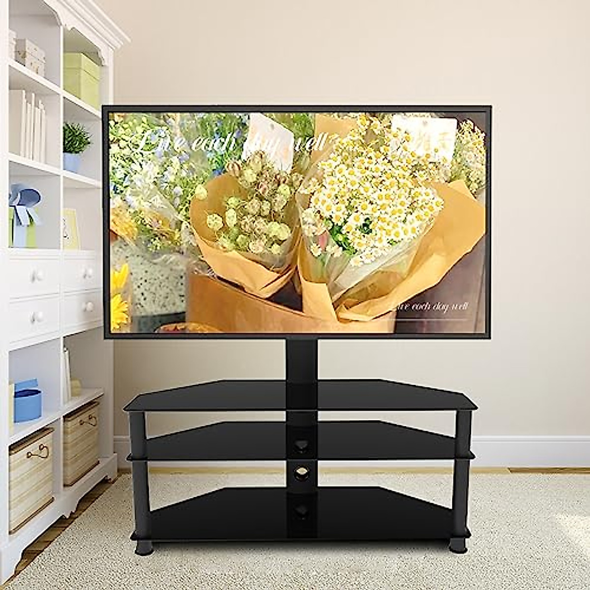 TV Floor Stand with Three Media Pallet Universal TV Stand Height Adjustment Visual Angle Rotation TV Mount Fit 32 inch to 70 inch TV Black Tempered Glass