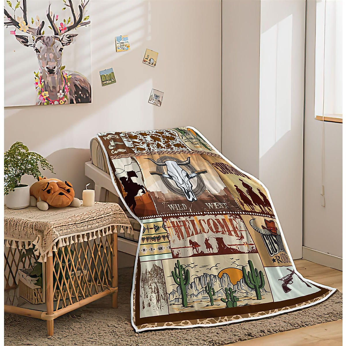 Western Cowboy Blankets, Retro Rustic Cowboy Hat Boot Throw Blanket, American Wild West Cowboy Riding Horses Soft Flannel Blanket for Baby Boys Kids Adults Home Decoration 50X60in Brown