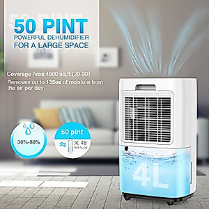 HUMILABS Dehumidifiers for Large Room or Basements, 50 Pint for 4500 Sq.ft Dehumidifier with 135oz Water Tank, Drain Hose and Wheels, Intelligent Humidity Control, Laundry Dry, Auto Defrost, 24H Timer