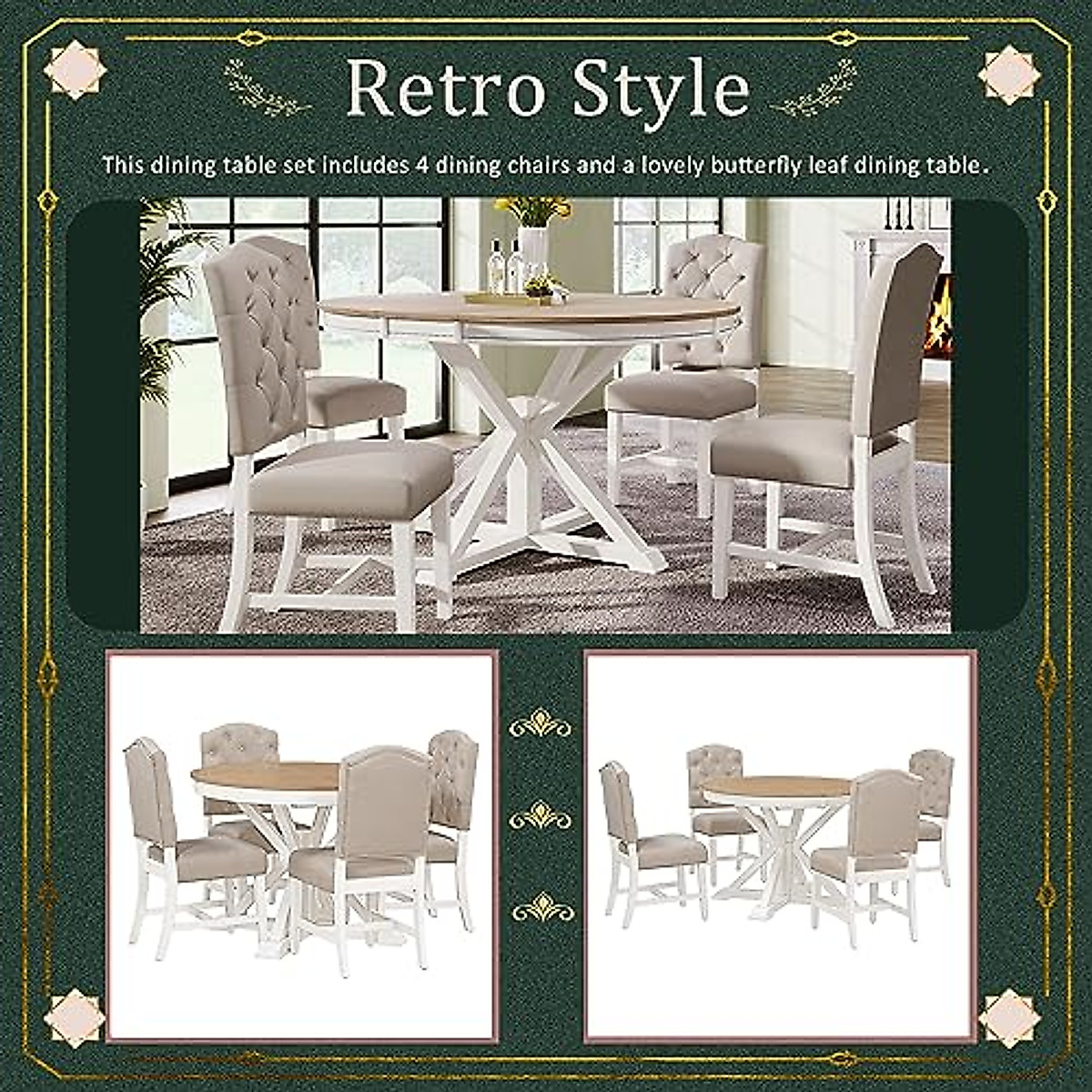 Dinehome 5-Piece Retro Style Extendable Round Dining Table Set with 4 Upholstered Chairs, Oak Natural Wood + Off White