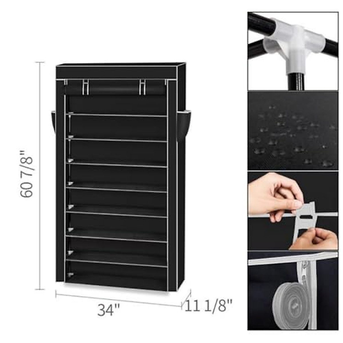 HARRYMONIYA 10 Tiers Shoe Rack with Dustproof Cover Closet Shoe Storage Cabinet Organizer Black