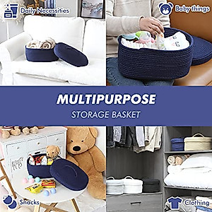 Sea Team Oval Cotton Rope Storage Basket with Lid, Lidded Woven Storage Bin, Nursery Storage Container, Diaper Caddy, Baby Shower Basket, Box, Organizer, 15 x 11 x 6.5 Inches (Medium, Navy Blue)