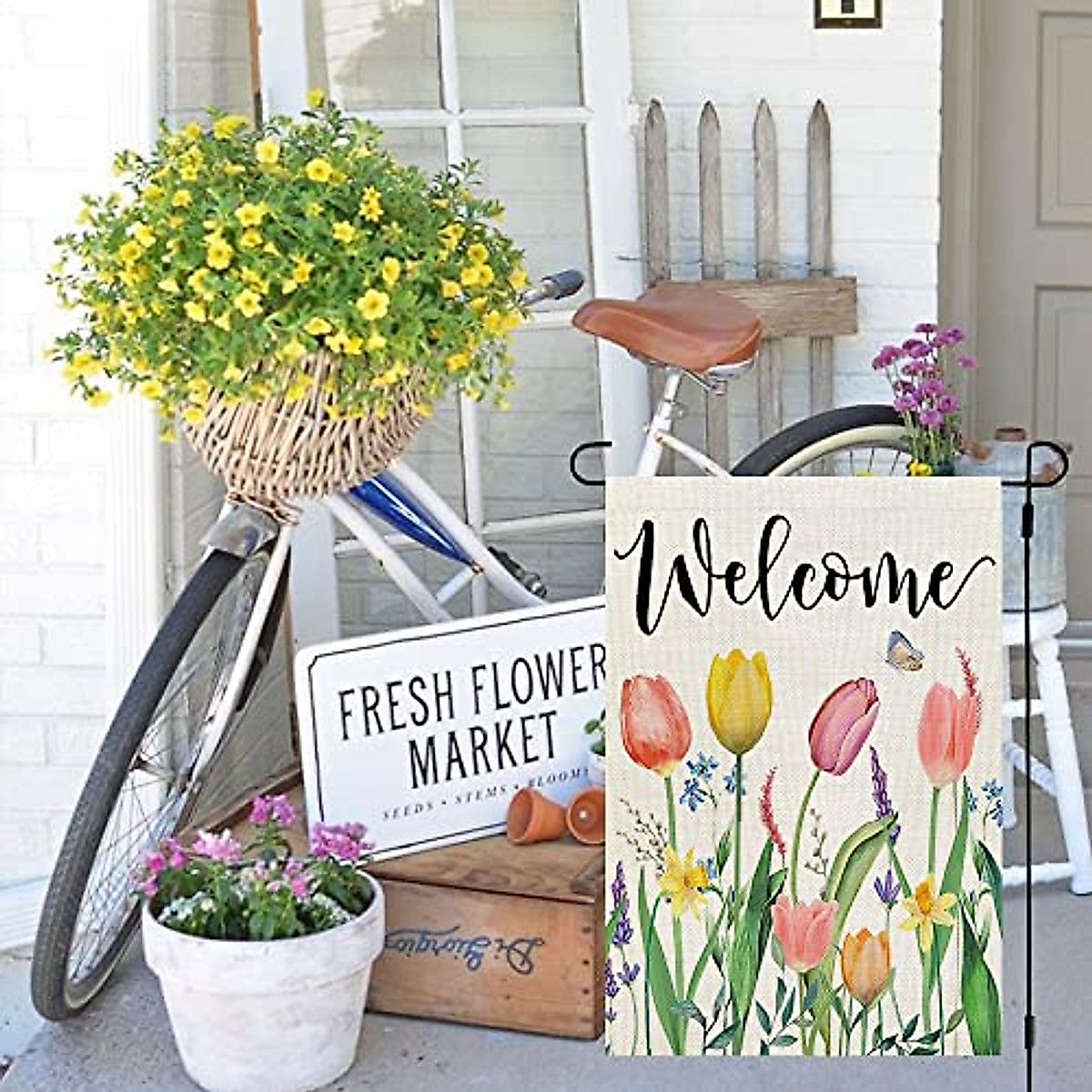 CROWNED BEAUTY Spring Garden Flag Floral 12x18 Inch Double Sided for Outside Tulips Welcome Burlap Small Yard Holiday Decoration CF743-12