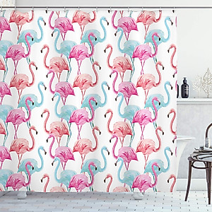 Ambesonne Watercolor Shower Curtain, Flamingos in Many Colors Hand Drawn Bird Exotic Animals Illustration, Cloth Fabric Bathroom Decor Set with Hooks, 69" W x 75" L, Pale Blue Salmon Pink