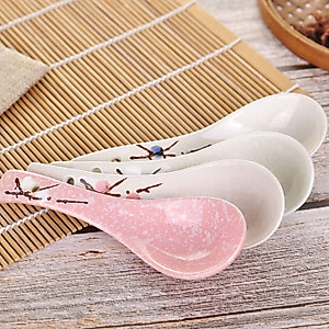 VanEnjoy Set of 4 Chinese/Japanese Ceramic Soup Spoons, Pink Cherry Blossom in Snow Pattern Ceramic Spoon Suitable for Soup