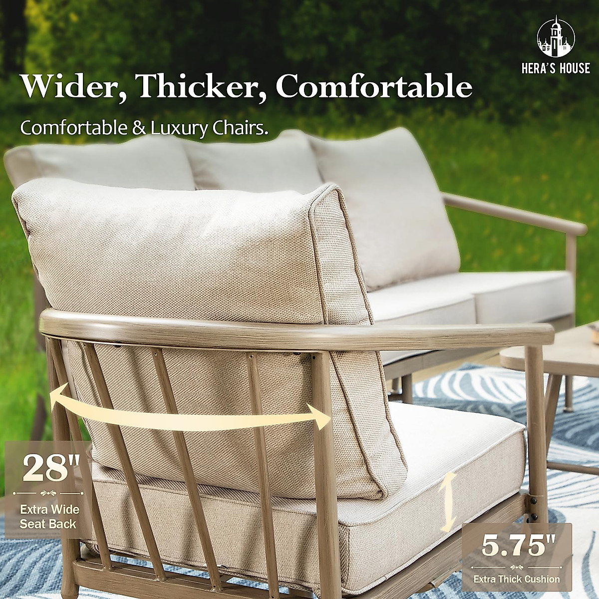 HERA'S HOUSE Patio Furniture Set, 2 x Cushioned Leg Chair, 3-Seat Sofa with Wood Grain Coffee Table, 5 Seats Luxury Windsor Style All Weahter Outdoor Sofa Conversation Set for Deck Lawn Backyard