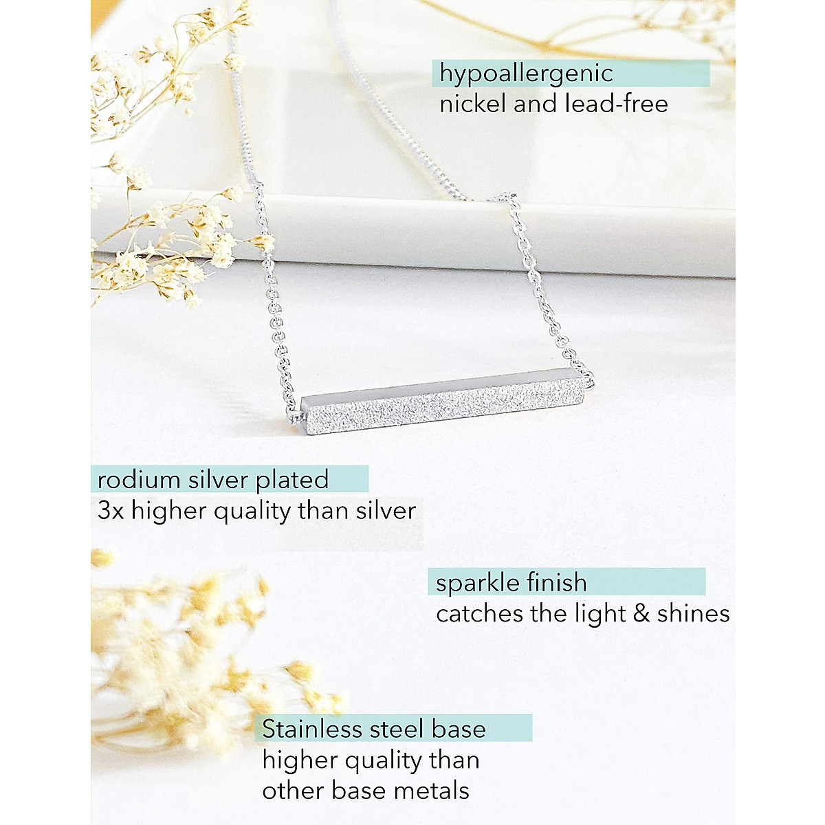 Altitude Boutique Minimalist Bar Necklace Simple Horizontal Bar Necklace for Women (Silver)