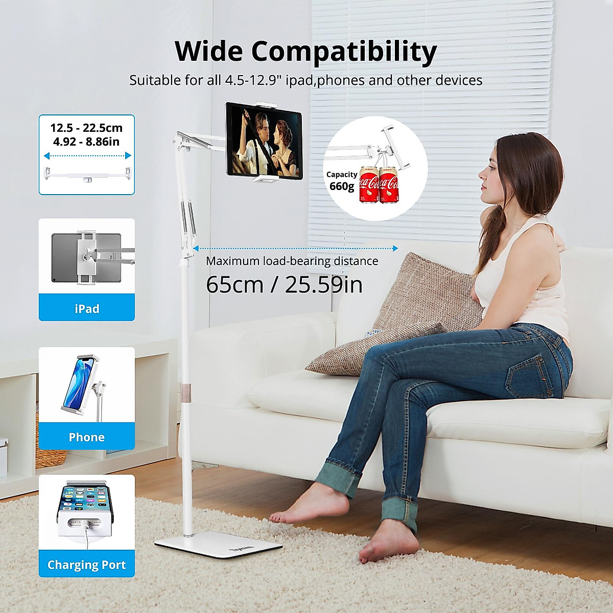 Spessn Tablet Floor Stand, Overhead Bed Phone Mount, Height Adjustable Universal Metal Tablet Holder, Phone Stand, Compatible with iPad, Samsung Galaxy Tab, Phone, Kindle, 4.5-12.9" (Light White)…