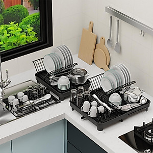 YEPATER Extendable Dish Rack, Large Dish Drying Rack with Drainboard,Cup Holder,Cutlery Drawer Organizer,Collapsible Dish Drainer for Kitchen Counter