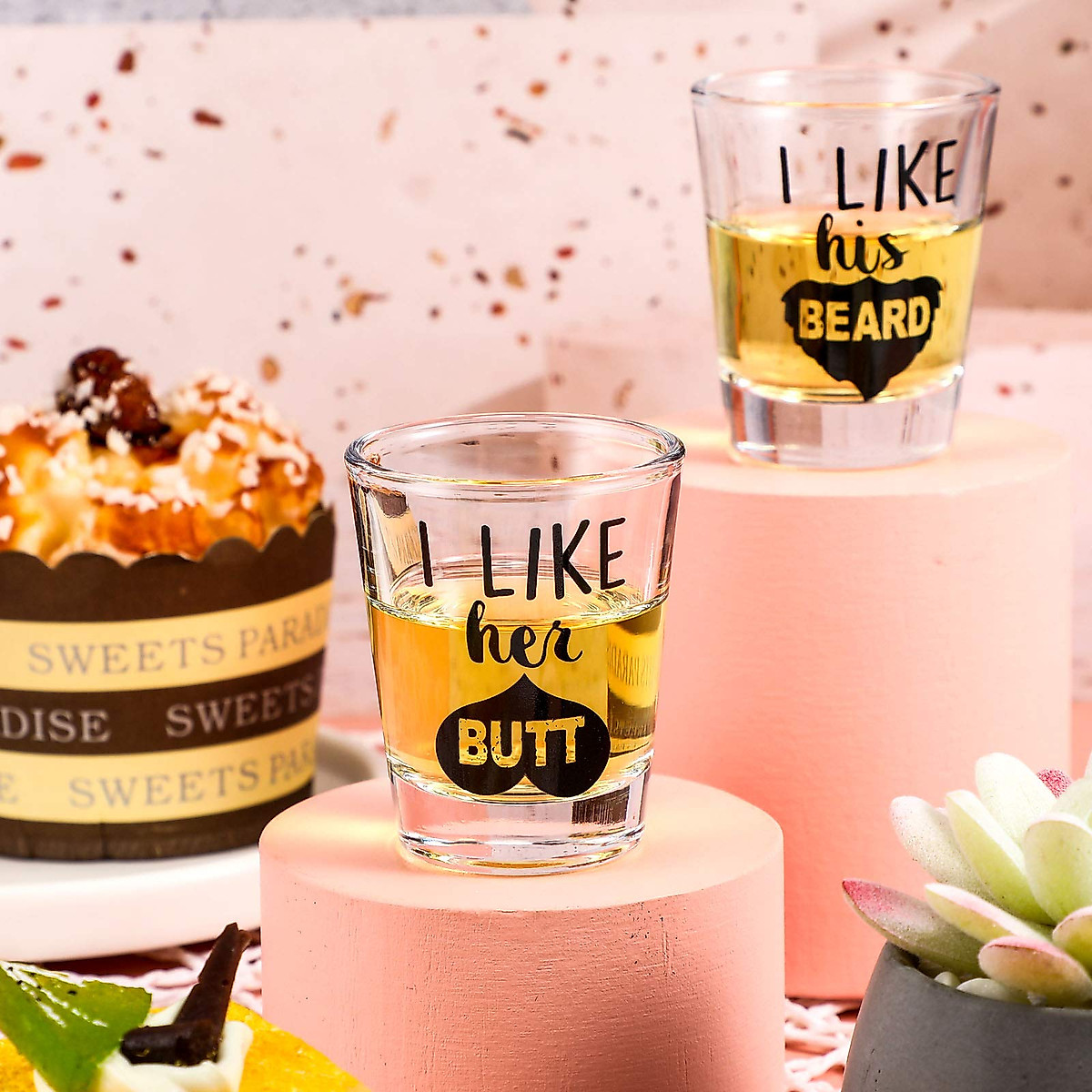 Patelai 2 Pieces I Like His Beard I Like Her Butt Shot Glasses 2 oz Funny Wedding Wine Glasses for Newlyweds and Couples to Celebrate Wedding Engagement Anniversary Bridal Shower Decorations