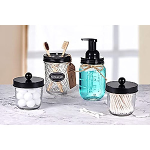 Amolliar 4PCS & 2PCS Black Mason Jar Bathroom Accessories Set- 3pcs Foaming Soap Dispenser&2pcs Qtip Holder Set&Toothbrush Holder-Rustic Farmhouse Decor Bathroom Organizer