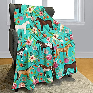 YISUMEI Flower Horse Throw Blanket Horse Green with Flowers Fleece Blanket Soft Warm Cozy for Sofa Couch Bed 50"x60"