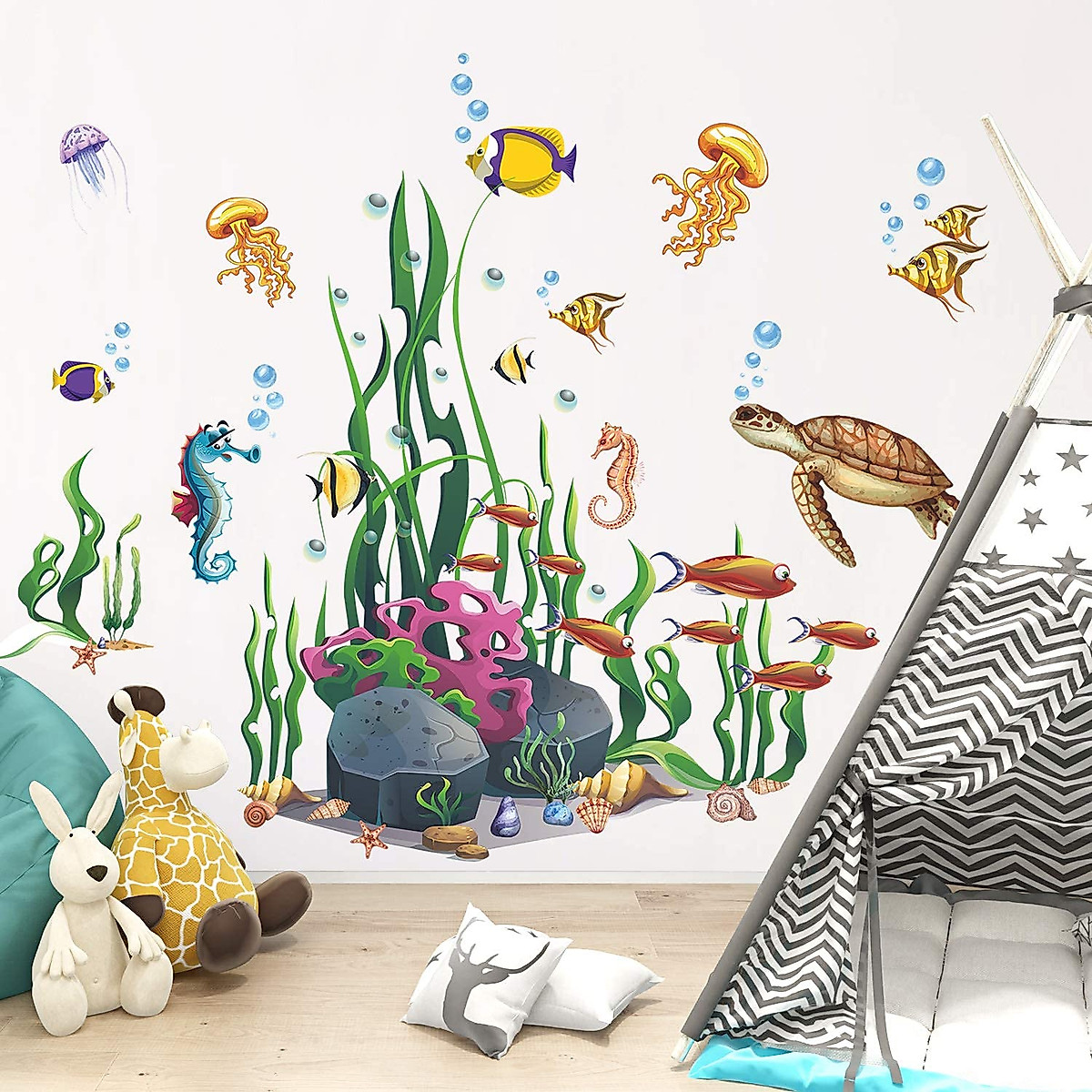 RW-1073 3D Ocean Wall Decals Under The Sea Fish Wall Stickers Ocean Animals Wall Art Decals View Under Sea Removable DIY Stickers for Kids Babys Bedroom Bathroom Living Room Nursery Home Decoration
