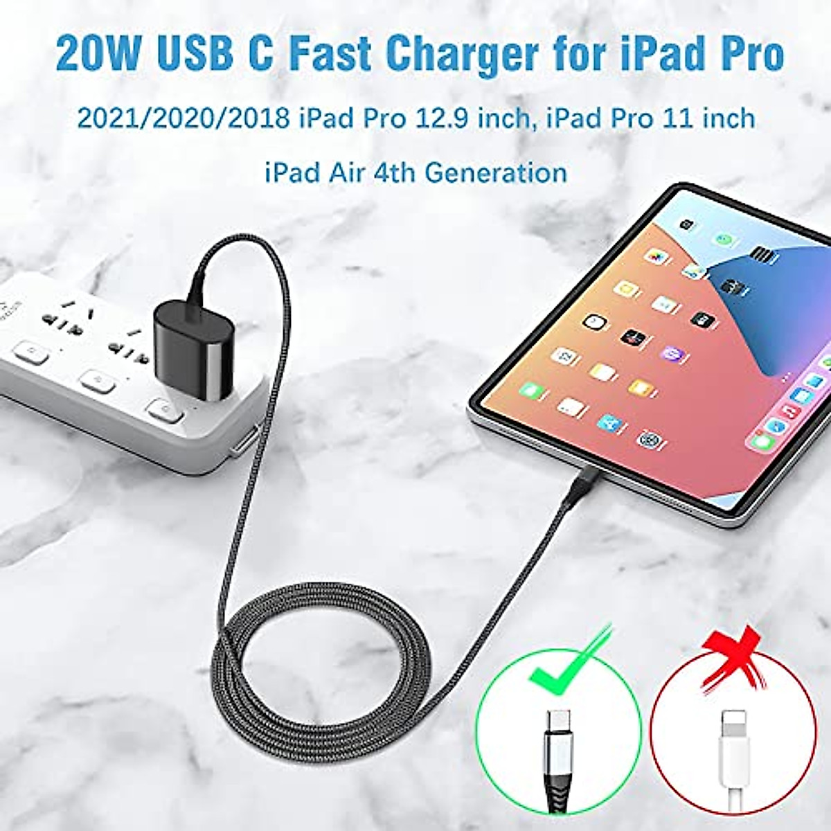 20W USB C Fast Charger for 2022/2021/2020/2018 iPad Pro 12.9 Gen 5/4/3, iPad Pro 11 in Gen 3/2/1, iPad Air 5th/4th Generation, iPad 10th Generation, iPad Mini 6th, 6.6ft USB C to USB C Charging Cord