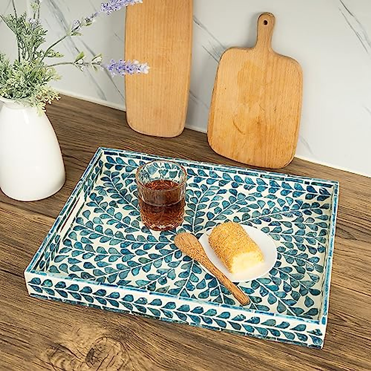CLAYNIX Serving Tray 15.7" X11.8", Lacquer Mother of Pearl Inlay Mosaic Tray, Rectangle Wooden Marble Tray with Handles Trays for Tea, Breakfast in Bed, Table (Blue)