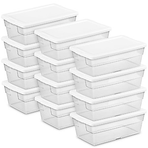Sterilite 6 Qt Clear Plastic Stackable Storage Bin w/White Latching Lid Organizing Solution, 12 Pack