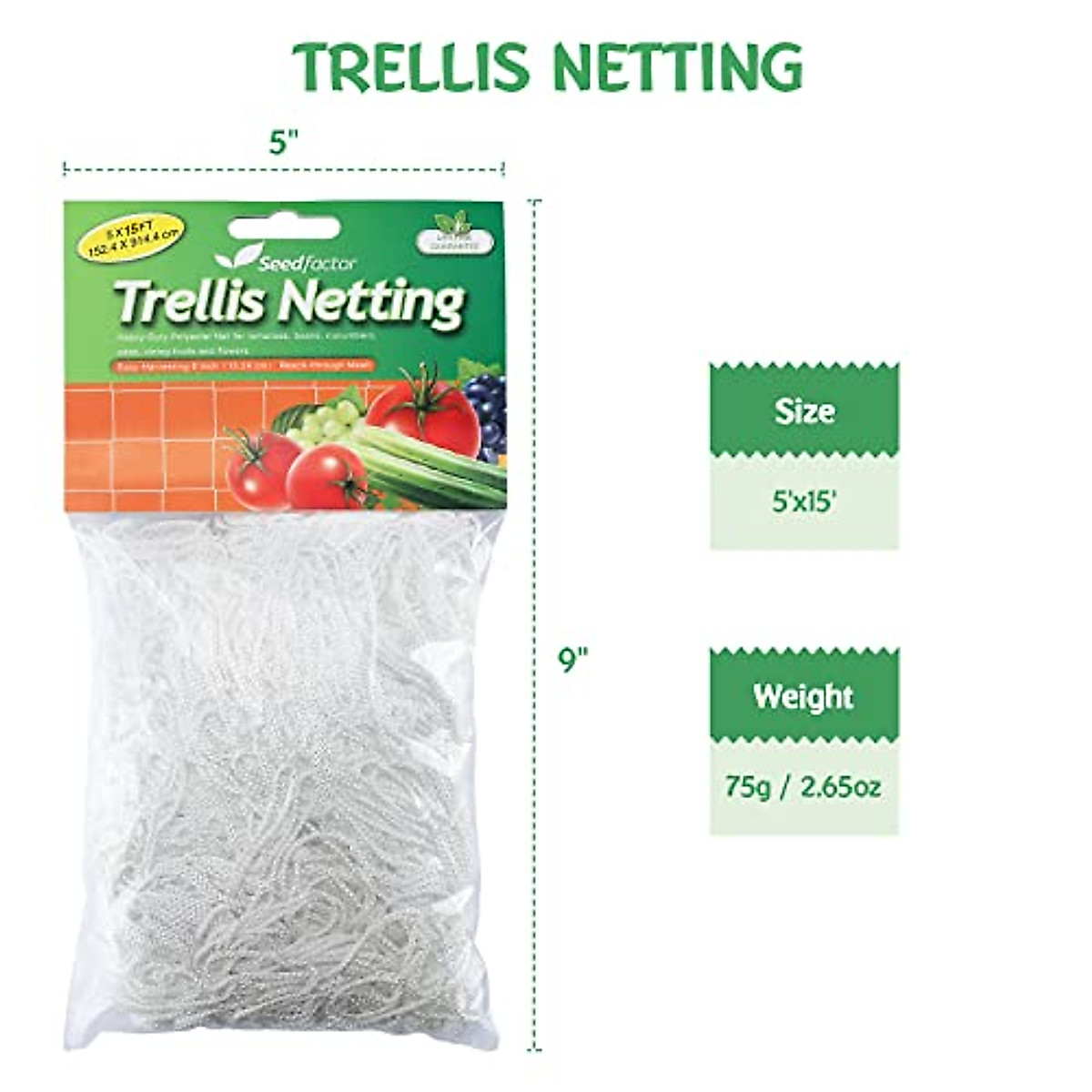 Seedfactor 5 x 15 ft. Plant Trellis Netting, Heavy-Duty Polyester Grow Net, Garden Trellis Netting with Square Mesh for Climbing Plants, Vegetables, Fruits, and Flowers, 1-Pack