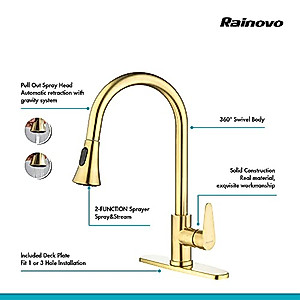 Rainovo Kitchen Faucet with Pull Down Sprayer Brushed Gold, 3 Hole Kitchen Sink Faucet Stainless Steel Single Handle, High Arc Faucets with Deck Plate Commercial Modern with Pull Out Sprayer