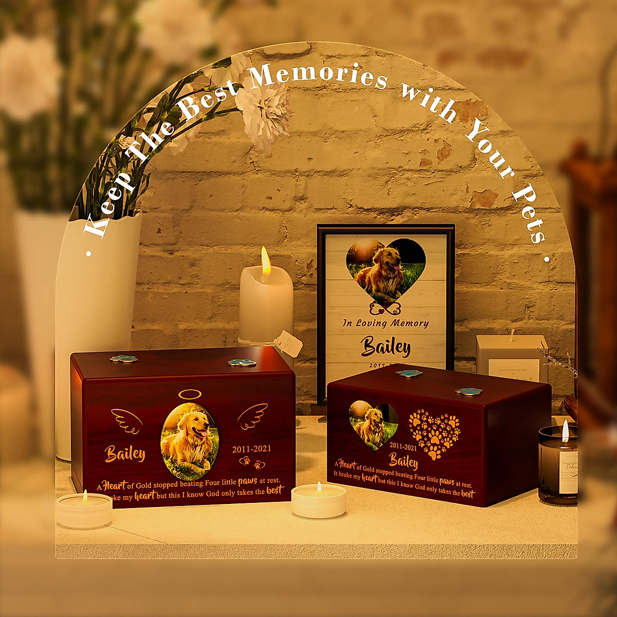 Bemaystar Pet Urns for Dogs Ashes - Custom Pet Ashes Keepsake Box, Personalized Pet Cremation Photo Urn, Wooden Pet Memorial Funeral Urns Box, Loss Pet Gift for Pet Lovers Medium 0-72lbs