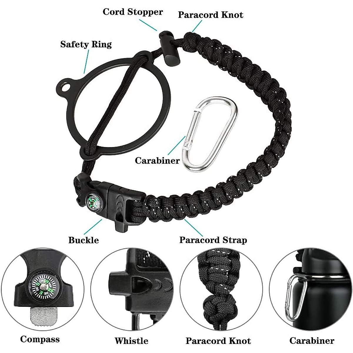 WEREWOLVES Paracord Handle - Fits Wide Mouth Bottles 12oz to 64oz - Durable Carrier, Paracord Carrier Strap Cord with Safety Ring,Compass and Carabiner - Ideal Water Bottle Handle Strap (Black/Blue)