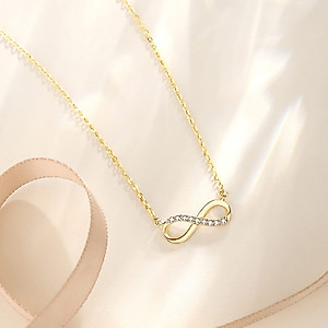 FANCIME 14K Solid Yellow Gold Small Infinity Diamond Pendant Forever Love Necklace Fine Dainty Jewelry Anniversary Birthday Mother's Day Gifts For Women Girlfriend, 16" + 2" Extender (0.072cttw, I-J Color, SI2 Clarity)