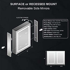 WELLFOR LED Lighted Medicine Cabinet with Defog Mirror, Mirrored Cabinet with Adjustable Shelves, Outlets & USB Ports, Recessed or Surface Bathroom Storage Cabinet, Single Left Opening Door, 20" X 30"