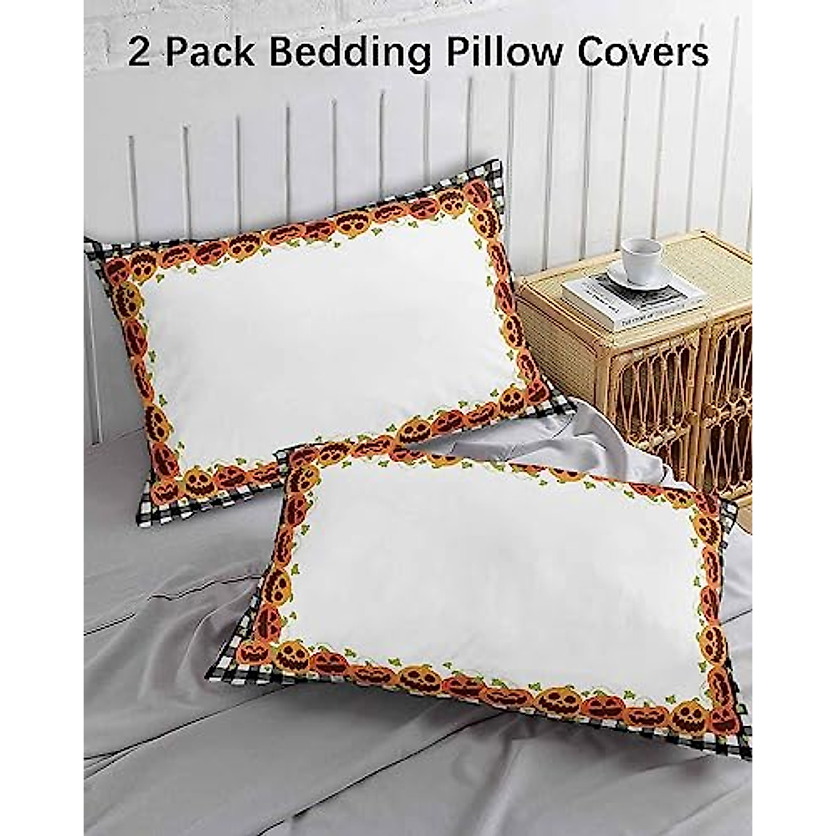 Edwiinsa Halloween Pillow Covers King Standard Set of 2 Bed Pillow, Black White Plaid Pumpkin Green Leaves Plush Soft Comfort for Hair/Skin Cooling Pillowcases with Envelop Closure 20''x36''