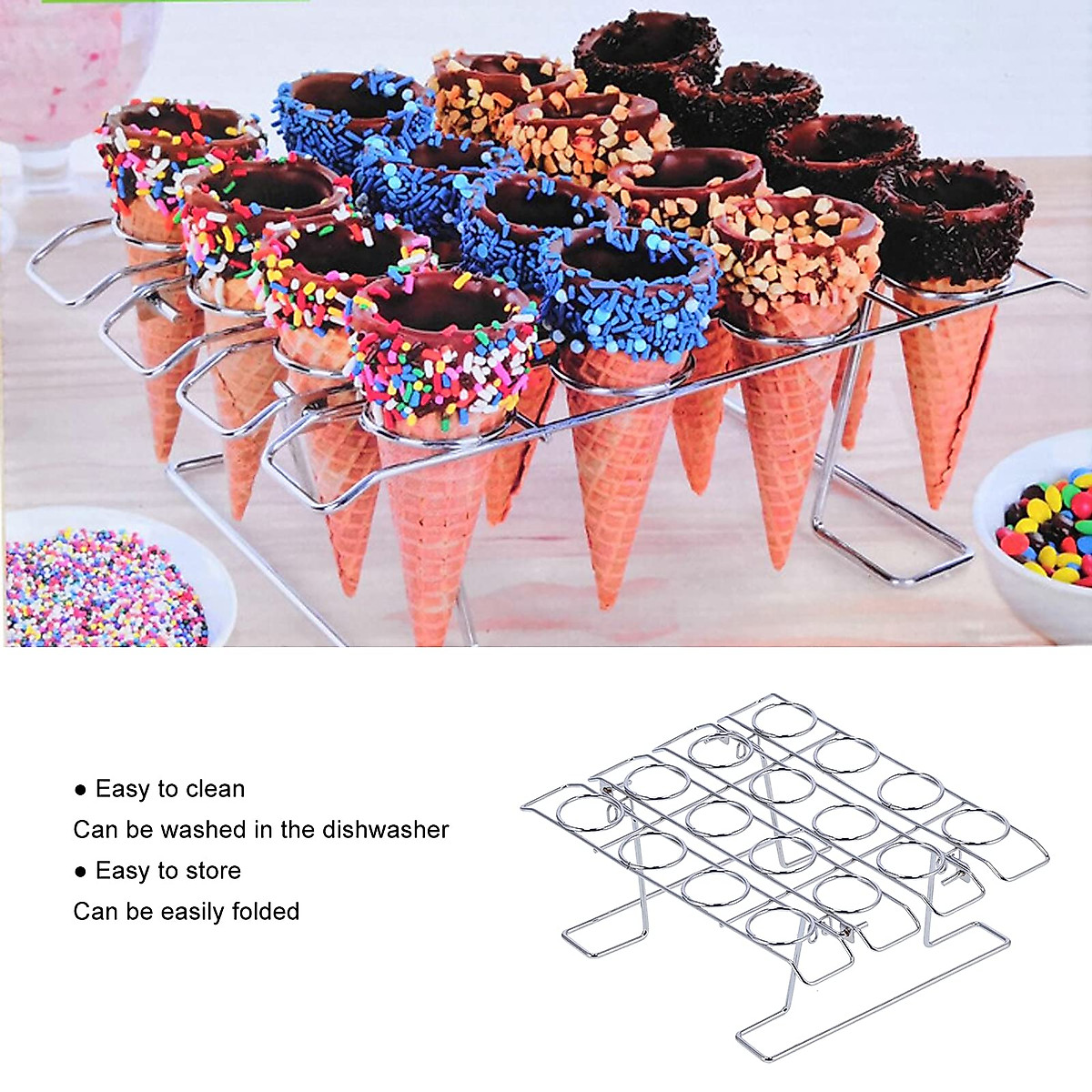 Cupcake Cones Baking Rack, 16-Hole Stainless Steel Ice Cream Cone Stand Holder Foldable Cake Decorating Pastry Tray Waffle Holder for Wedding Birthday