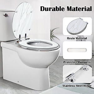 Elongated Toilet Seat Marble wall white pattern gray ink graphic abstract light elegant Resin Toilet Seat Quietly Slow Close with Quick-Release Hinges Toilet Seat with Cover Easy to Clean Install