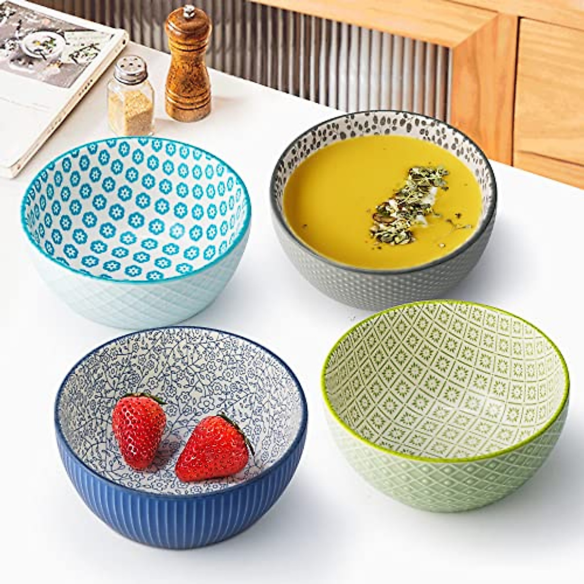 SULIVES Cereal Bowls Set of 4, 6 Inch Ceramic Bowls for Kitchen, Colorful Cute Serving Bowls Set for Soup Salad Pasta Ramen Fruit - 26 OZ