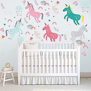 Unicorn Wall Sticker Decals,SPRT Colorful Watercolor Unicorn Wall Sticker Peel and Stick Wall Art Sticker for Kids Girls Room Nursery Bedroom Parties Decoration
