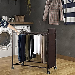 Pants Hangers Rolling Trolley Trousers Rack with 20 Storage Hangers Movable Rolling Pants Closet Organizer Shelf with Side Bag for Jeans, Scarf, Trouser, Dark Brown