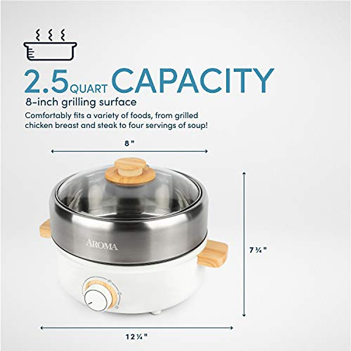 Aroma Housewares AMC-130 Whatever Pot, Indoor Grill, Cooking, Hot Pot with Glass Lid, Bamboo Handles, 2.5L, Stainless Steel/White