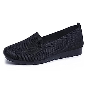 SPATI Women's Knitted Lightweight Comfortable Flat Shoes Loafers Slip On Casual Breathable Mesh Walking Round Toe (Black, Numeric_9)