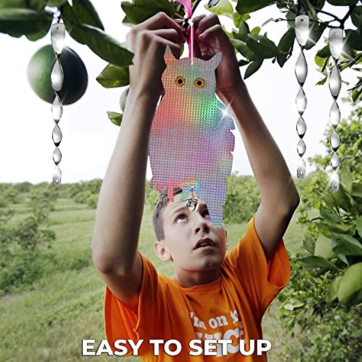 Dyvicl Fake Owl Hanging Reflective Owl for Woodpecker Deterrent 4 Pack, Bonus 6 Reflective Scare Spiral Rods