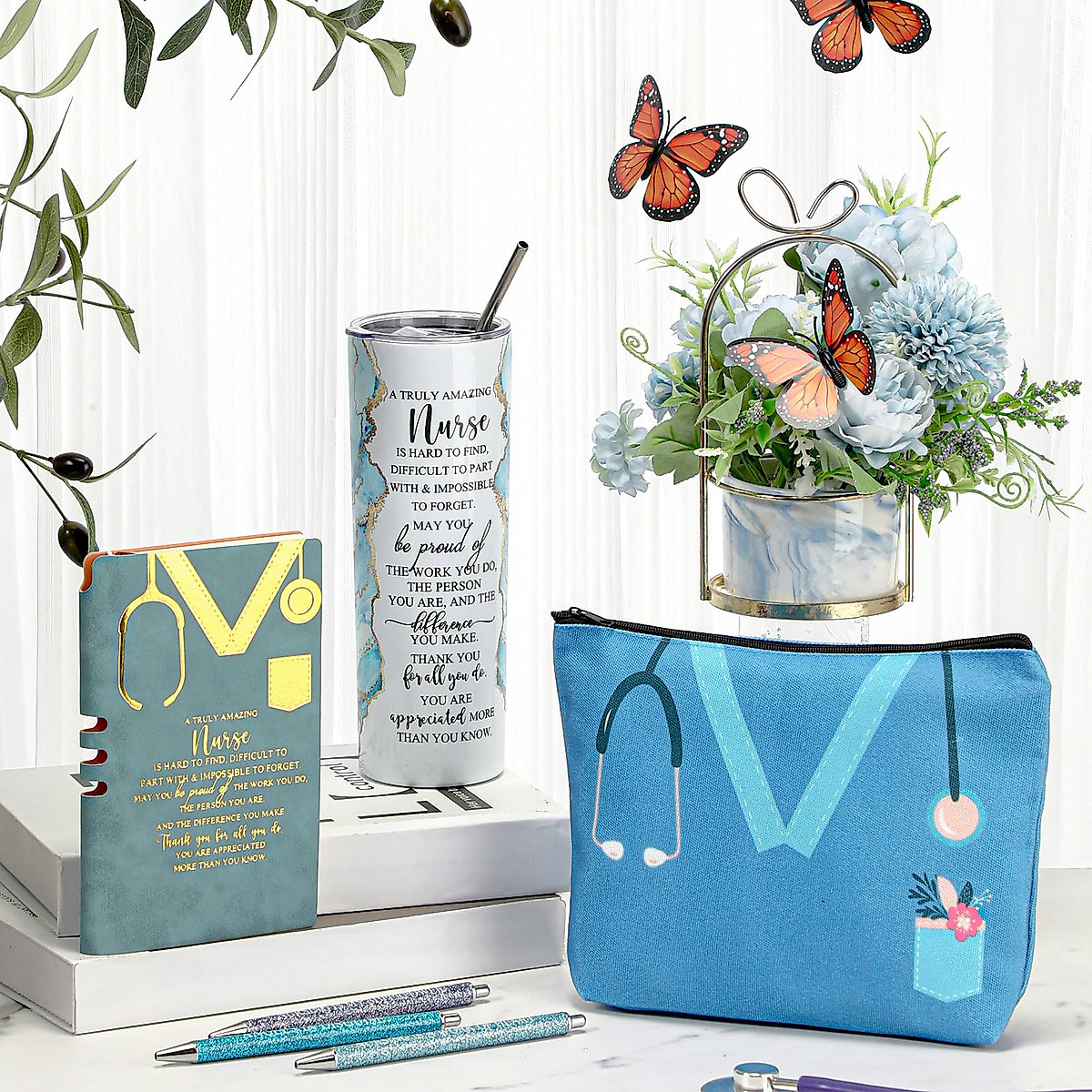 Domensi 6 Pcs Nurse Week Appreciation Gifts for Women Medical Nursing Assistant 20 oz Marble Sign Tumbler Makeup Bag Notepad with Ballpoint Pen for Graduation Nursing Student(Blue)