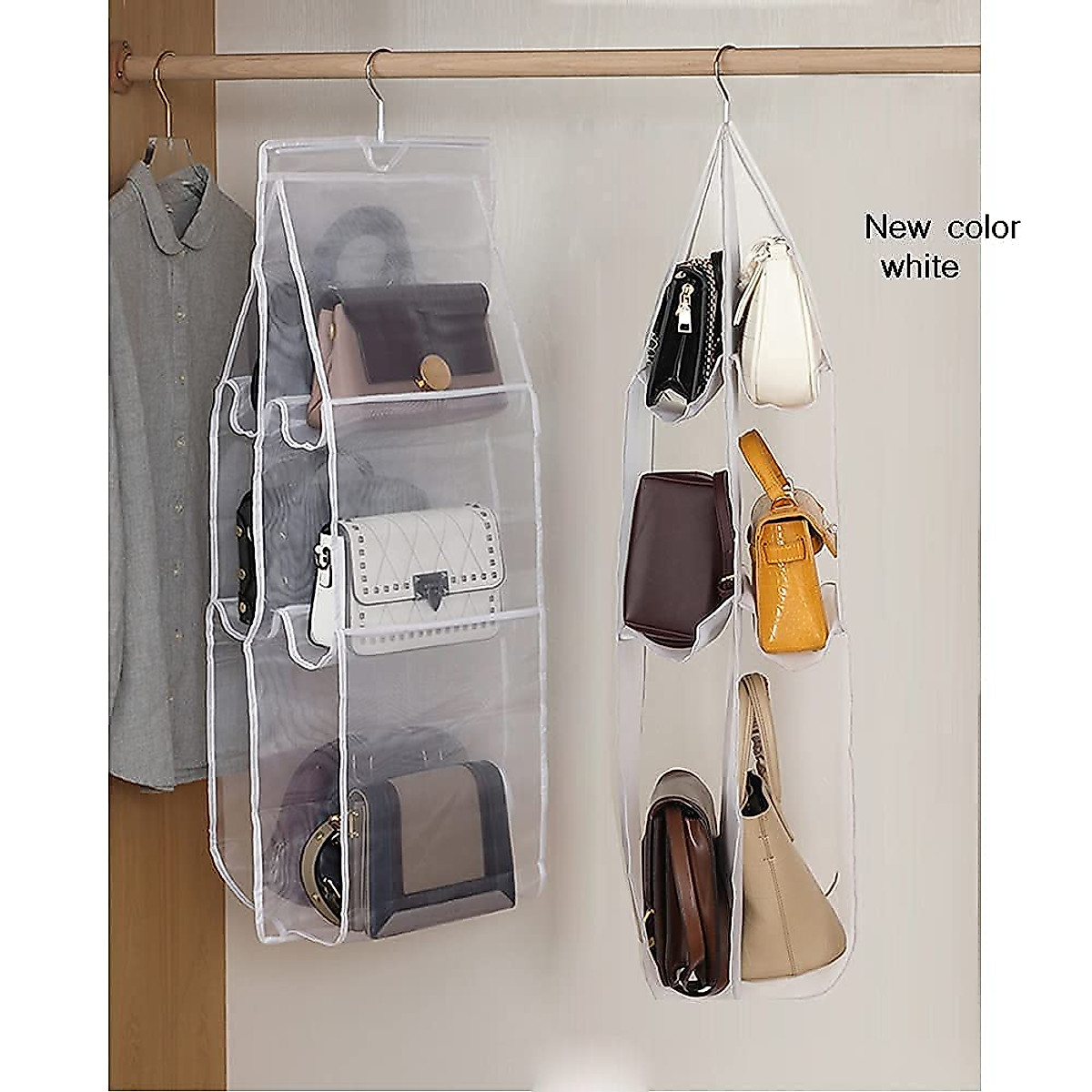 ZHAOYAN Hanging Purse Organizer Multi-Purpose Handbag Storage Bag Dustproof Washable Closet Organization Bag Double-Side 6 Pockets, White