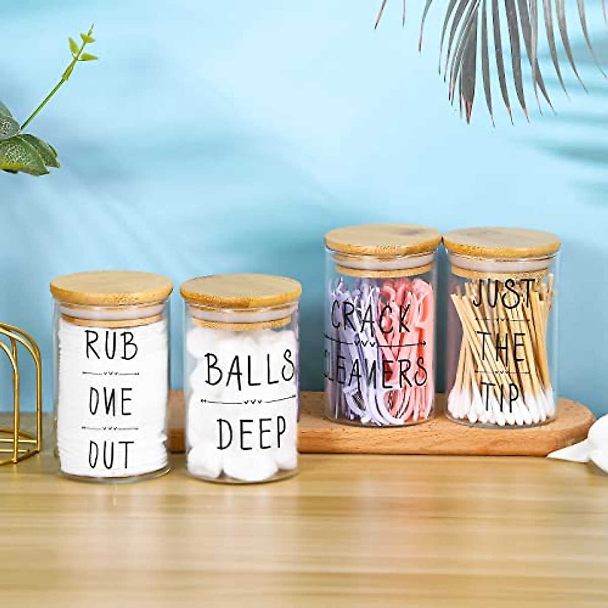 4 Pack Qtip Holder, 10 oz Bathroom Organization with Bamboo Lids, Clear Glass Farmhouse Qtip Holder for Bathroom Vanity, Great for Cotton Swabs, Cotton Ball, Floss, Bathroom Decor