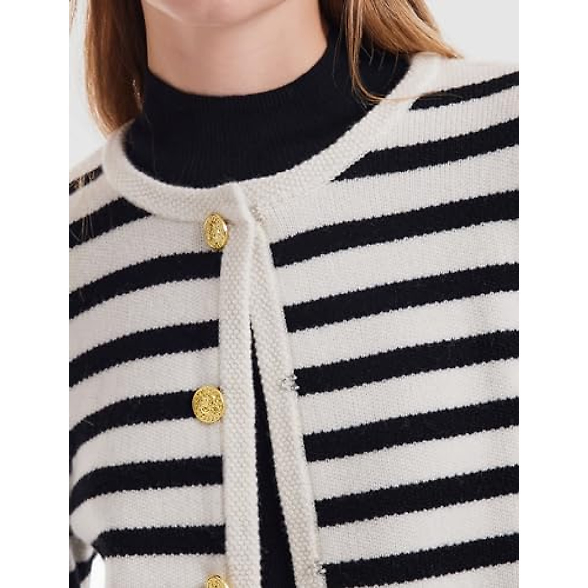 GOELIA Women's Striped Short Cardigan Sweater, Crewneck Button Up Knit Wool Sweaters