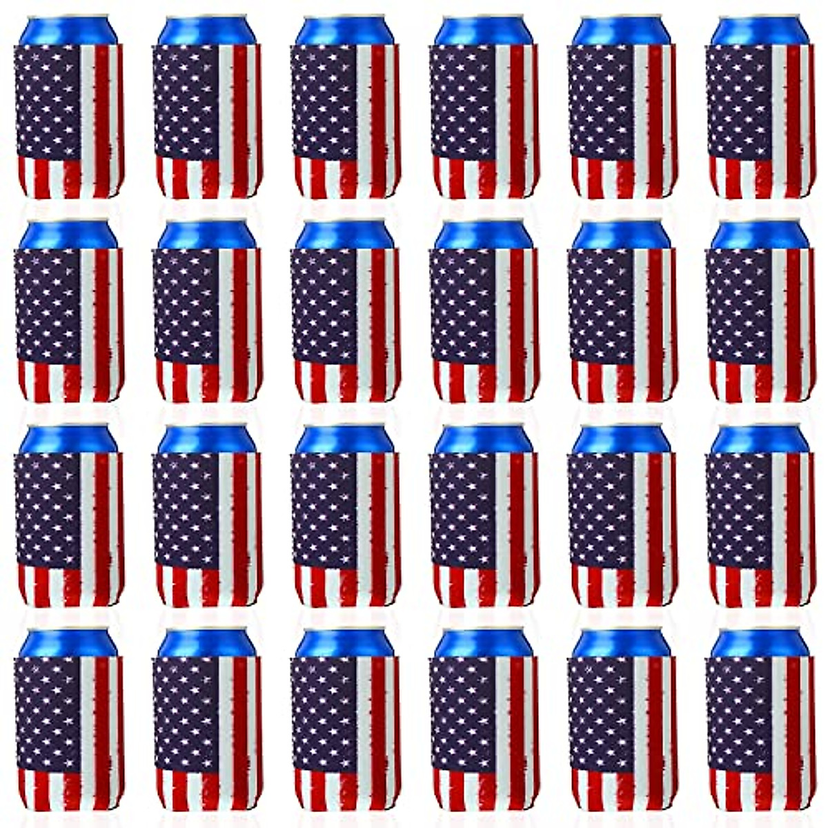 24 Pcs Summer Can Cooler Sleeves Reusable Usa Flag Can Cooler Collapsible American Flag Can Covers for Beer DIY Neoprene Beer Bottle Cooler Insulation with Stitches for Drink Holder Party, 12 oz