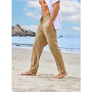 PASLTER Mens Casual Linen Pants Loose Fit Straight-Legs Elastic Drawstring Waist Summer Beach Long Pant