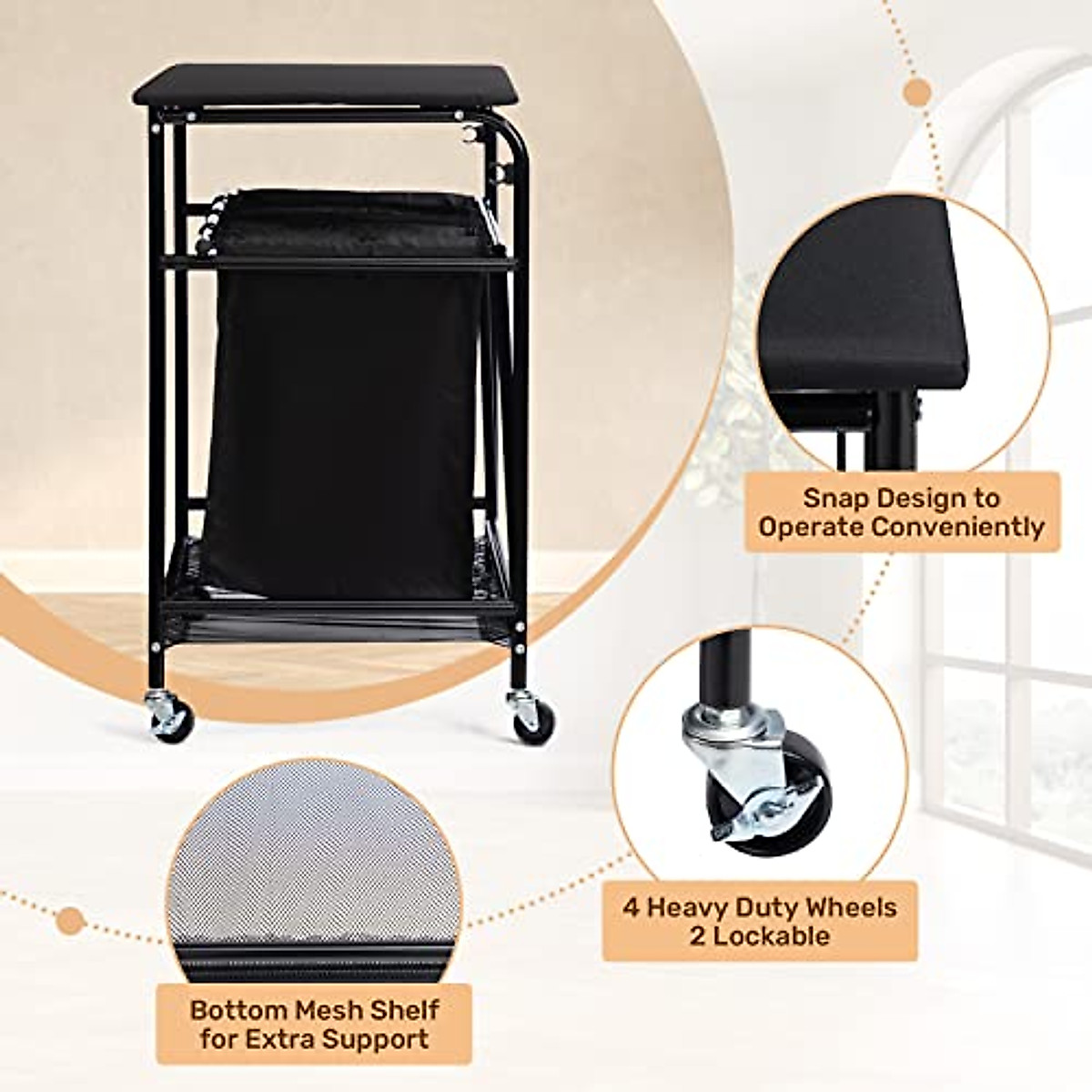 HollyHOME 3 Section Rolling Laundry Sorter Cart with Fixed Ironing Board Laundry Hamper Room Organization with 4 Wheels and Table Top Lid Removable Bags Black