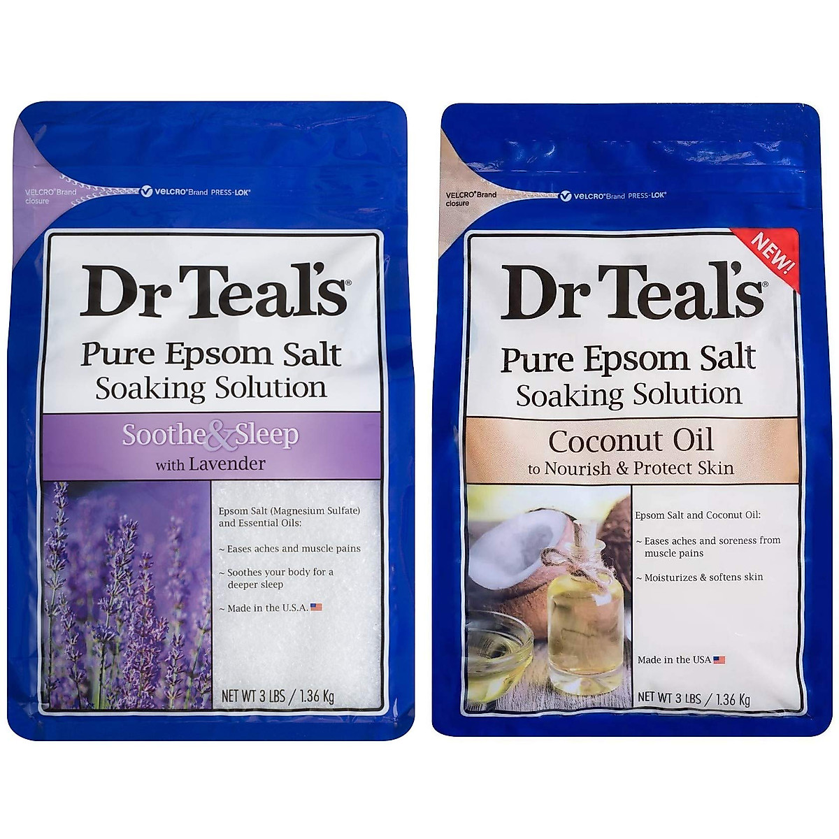 Dr. Teal's Epsom Salt Bath Variety Gift Set (3lbs Ea.) - Soothe & Sleep Lavender, Nourish and Protect Coconut Oil - Essential Oils Blended with Pure Epsom Salt