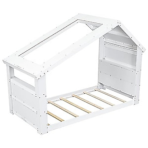 Bellemave House Floor Bed for Kids, Twin Montessori Bed Frame with with LED Light, Storage Headboard & Footboard, Wood Tent/Cabin Beds for Girls Boys Teens, White