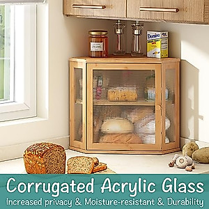 viewcare Corner Bread Box for Kitchen Counter, Bamboo Wood Large Capacity Bread Storage Bin with Acrylic Wavy Door Panel (Natural, Meduim)