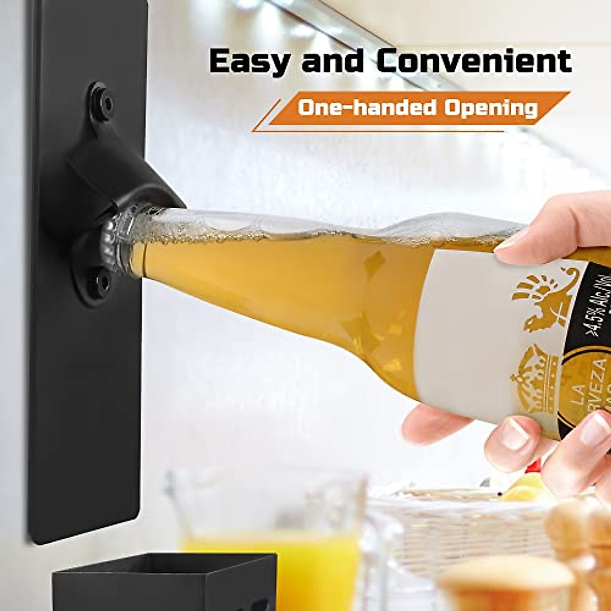 DOUBLE TJP Magnetic Bottle Opener with Cap Catcher - Wall Mounted Beer Bottle Opener Cap Collector for Fridge, Kitchen, Bar, Ideal Gift for Men Women, Black