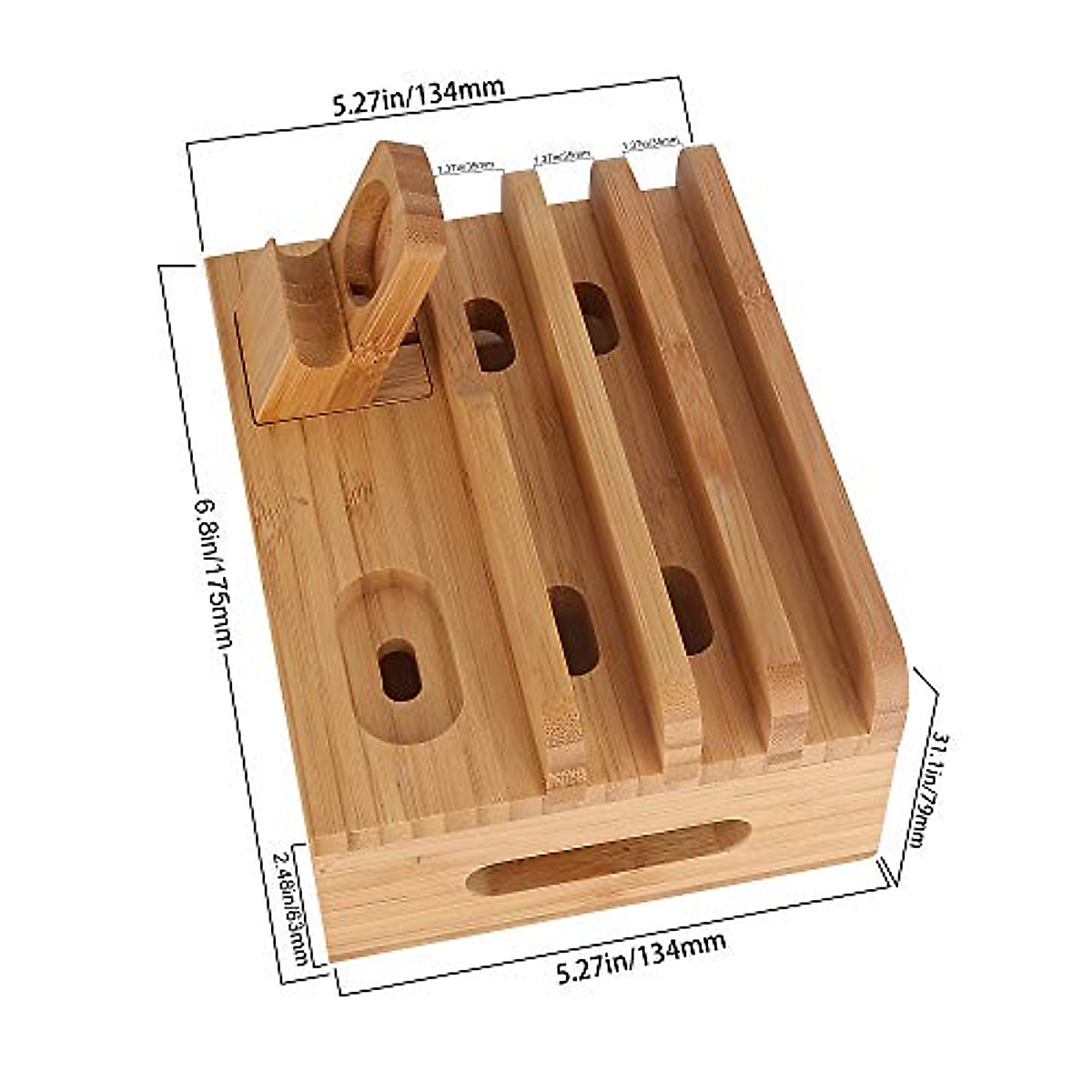 Bamboo Wood Desktop Organizer Charging Docking Station Charger Holder Cradle Charge Stand compatible with iPhone 13 12 Pro Max iPad Apple Watch 3 4 / iWatch 38 & 42mm AirPods & AirPods Pro Smartphones