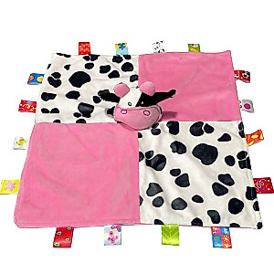 FOMAISELF 1 PC Cute Pink Cow Baby Tags Blanket, Kids Soft Label Blanket Built-in Bell, Stuffed Animal Blanket with Tag for Baby Boy and Girl(13x13)