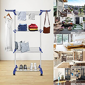 innotic Clothes Drying Rack, Stainless Steel Oversized 4-Tier Collapsible Rolling Drying Rack Clothing Folding Laundry Drying Rack Stand Indoor/Outdoor with Side Wings and Casters Gray Blue
