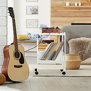 Record Player Stand with Vinyl Storage Night Stand with Power Outlets Vinyl Record Storage Stand On Wheels White Turntable Stand for Living Room Bedroom, Large Capacity, White